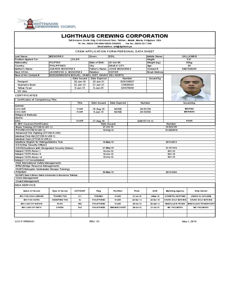 Lighthaus Crewing Corporation: Crew Application Form Personal Data ...