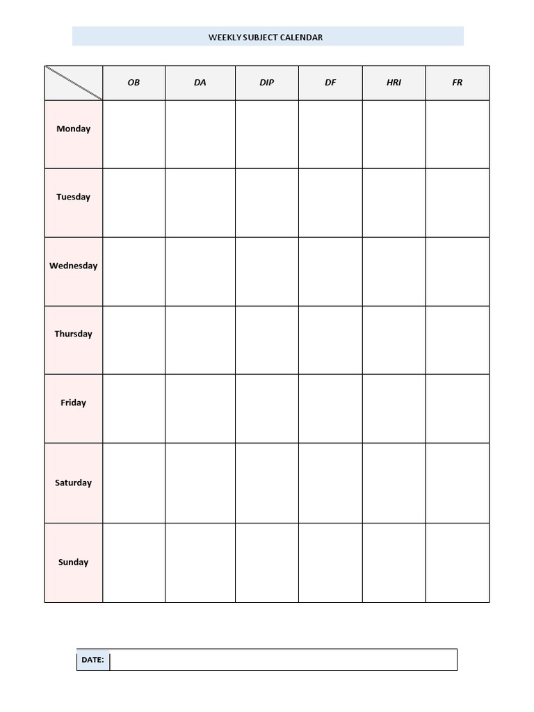 Weekly Subject Calendar | PDF