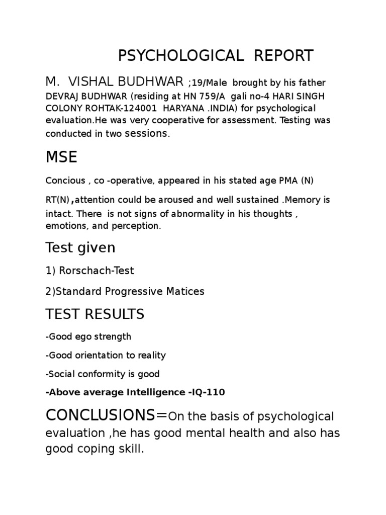 Psychological Report | PDF