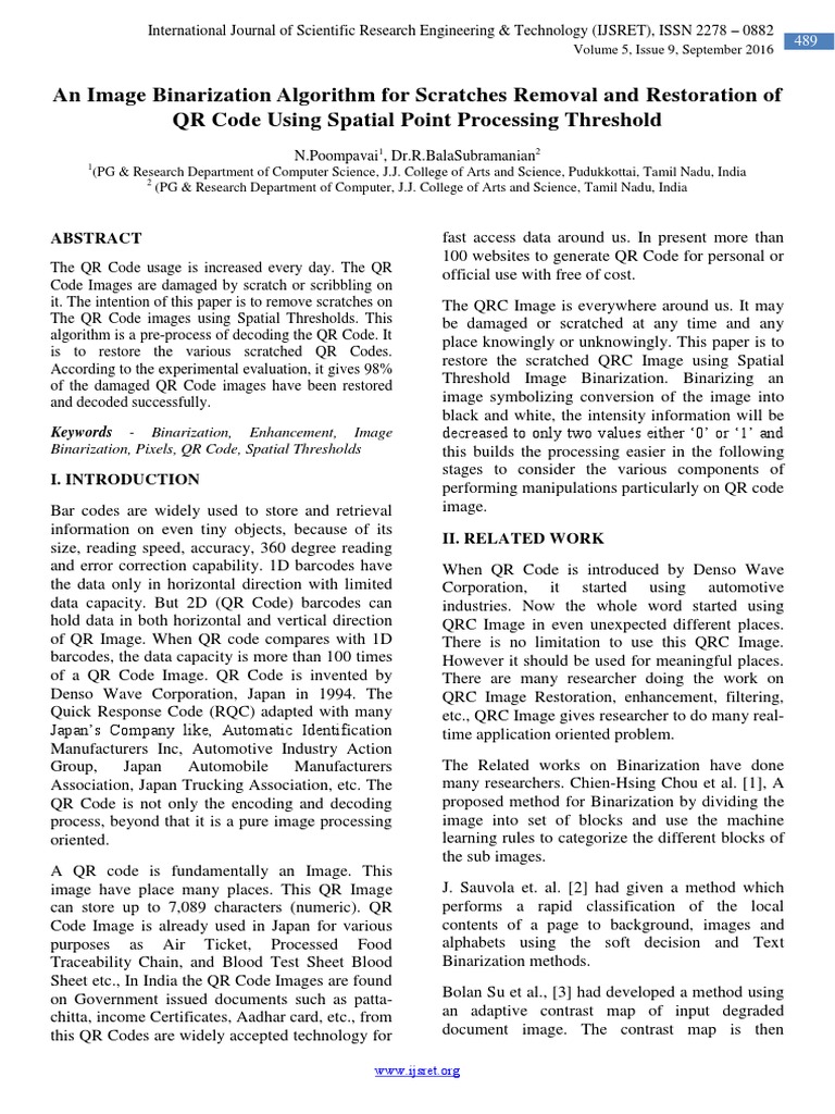 An Image Binarization Algorithm For Scratches Removal and Restoration of QR Code Using Spatial ...