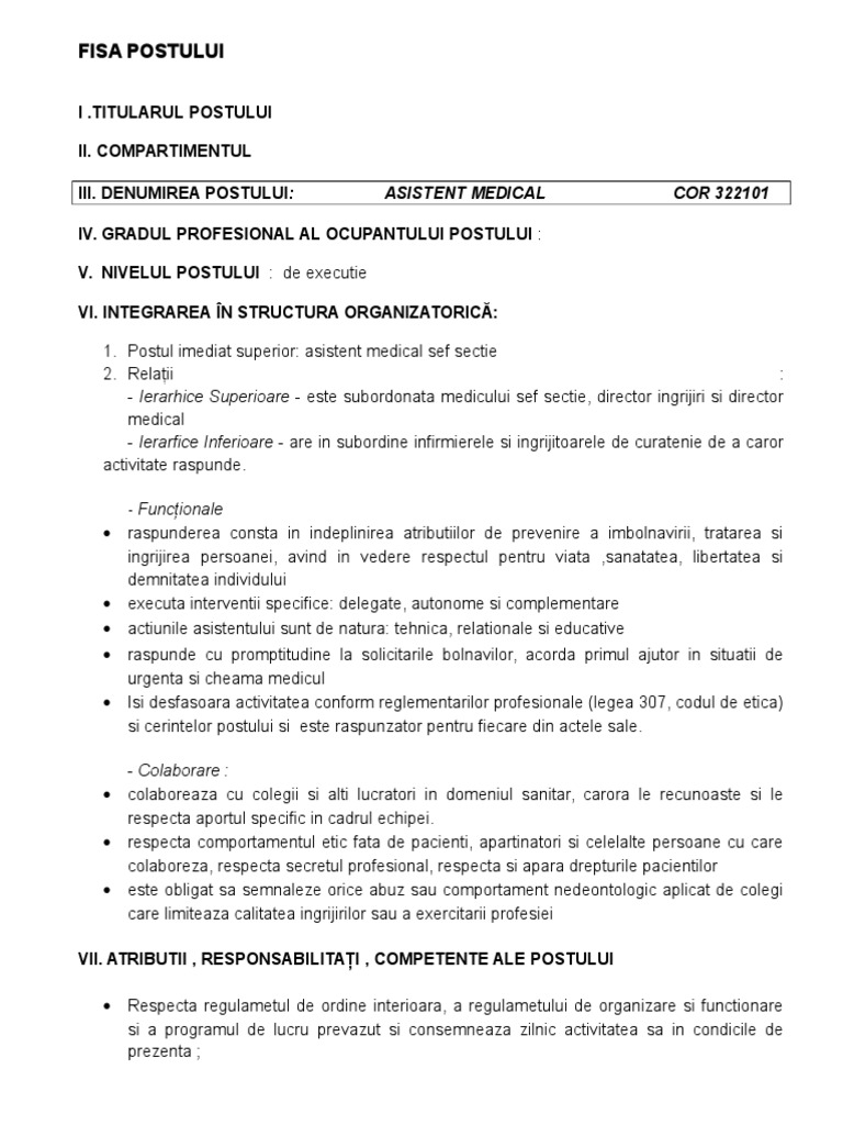 Fisa de Post Asistent Medical | PDF