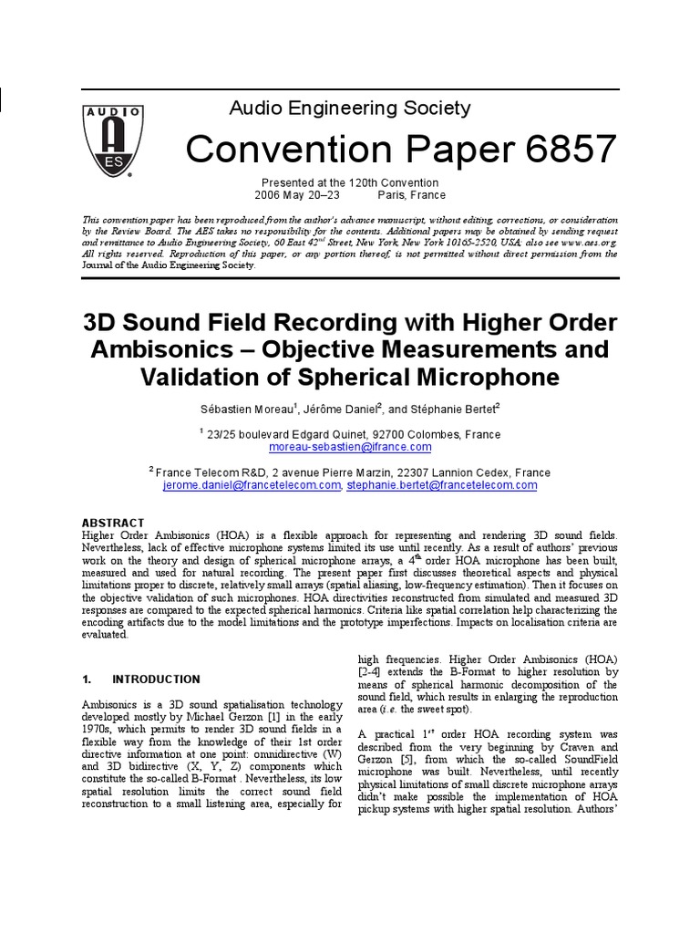 3D Sound Field Recording With Higher Order Ambisonics - Objective ...