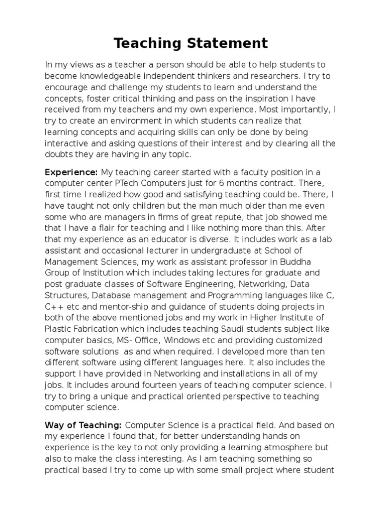 Teaching Statement: Experience: My Teaching Career Started With A ...