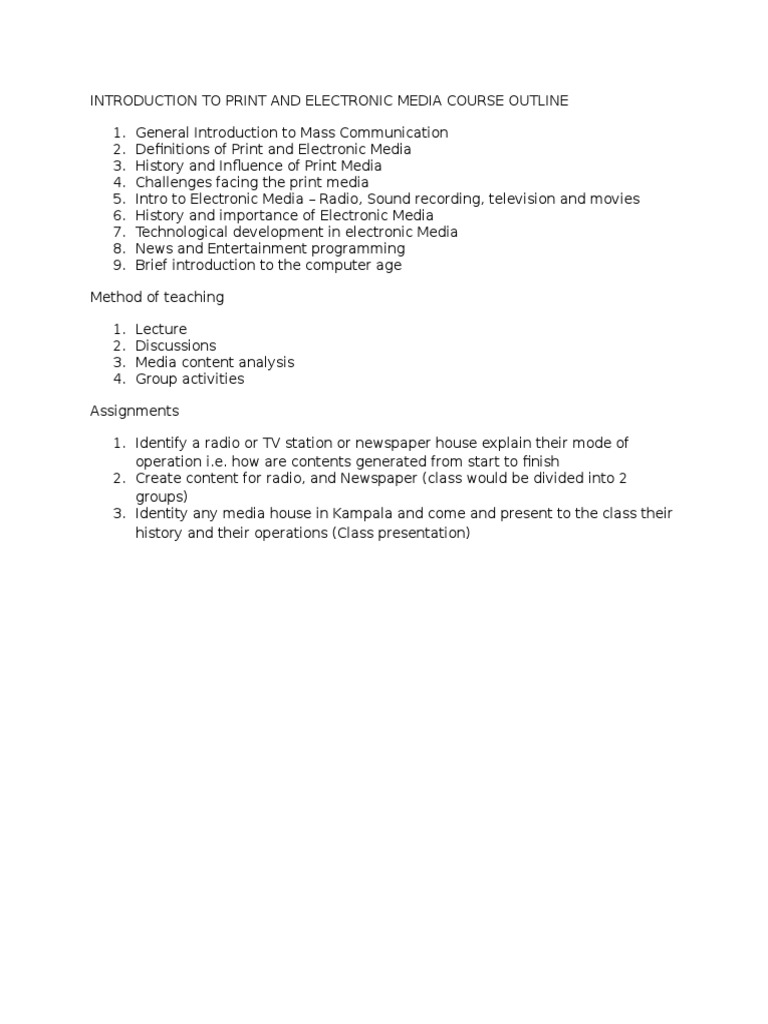 Introduction To Print and Electronic Media Course Outline | PDF ...