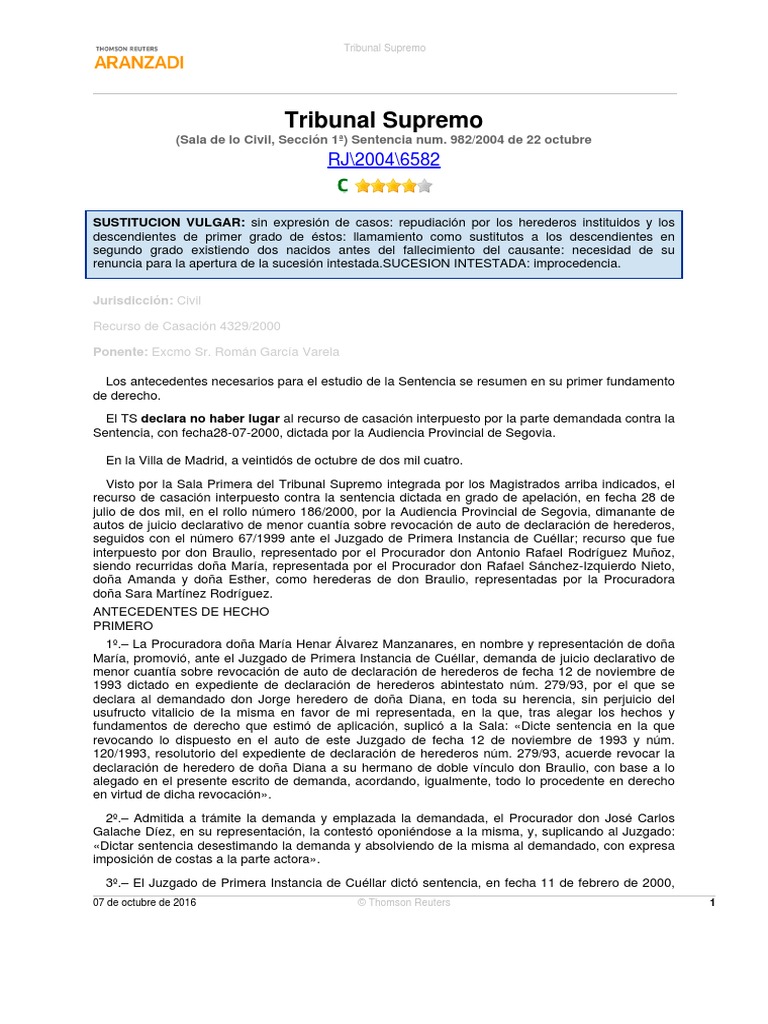 Jur - TS (Sala de Lo Civil, Seccion 1a) Sentencia Num. 982-2004 de 22 Octubre - RJ - 2004 - 6582 ...