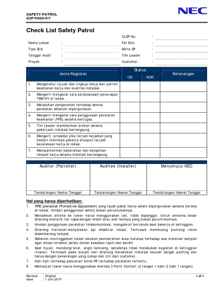 Check List Safety Patrol | PDF