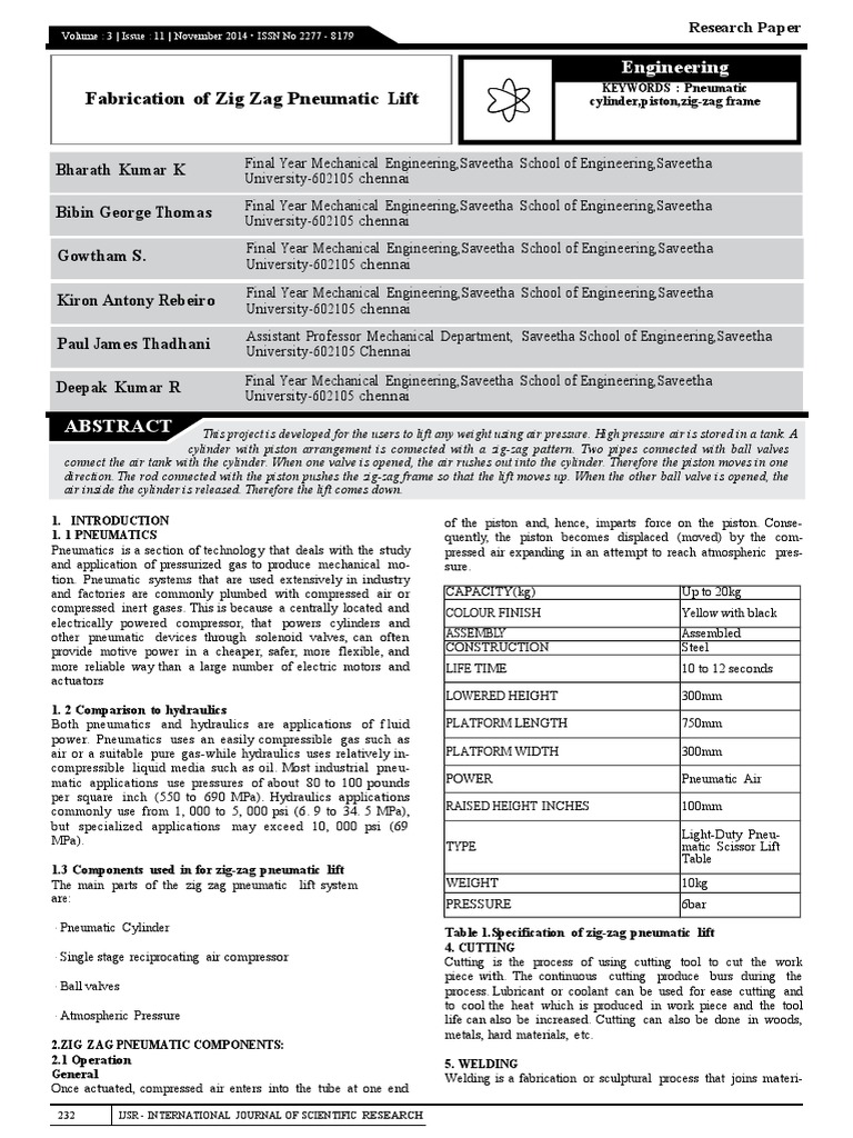 Fabrication of Zig Zag Pneumatic Lift: Engineering | PDF