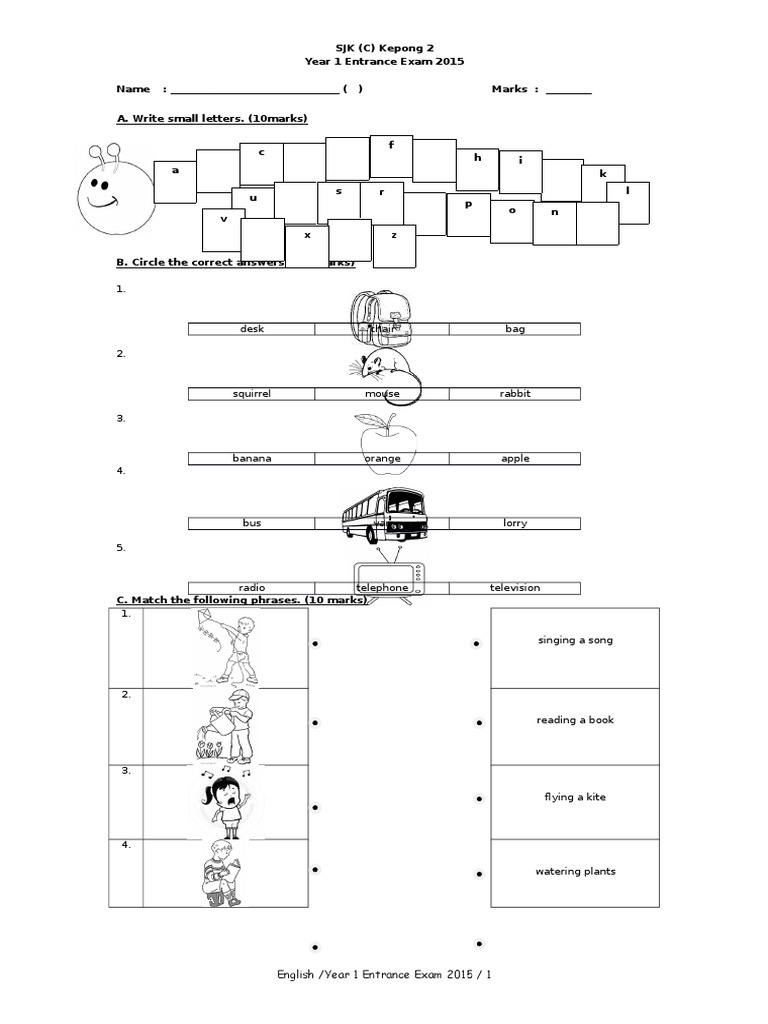 Year 1 English Entrance Exam 2015 | PDF | Teaching Methods & Materials