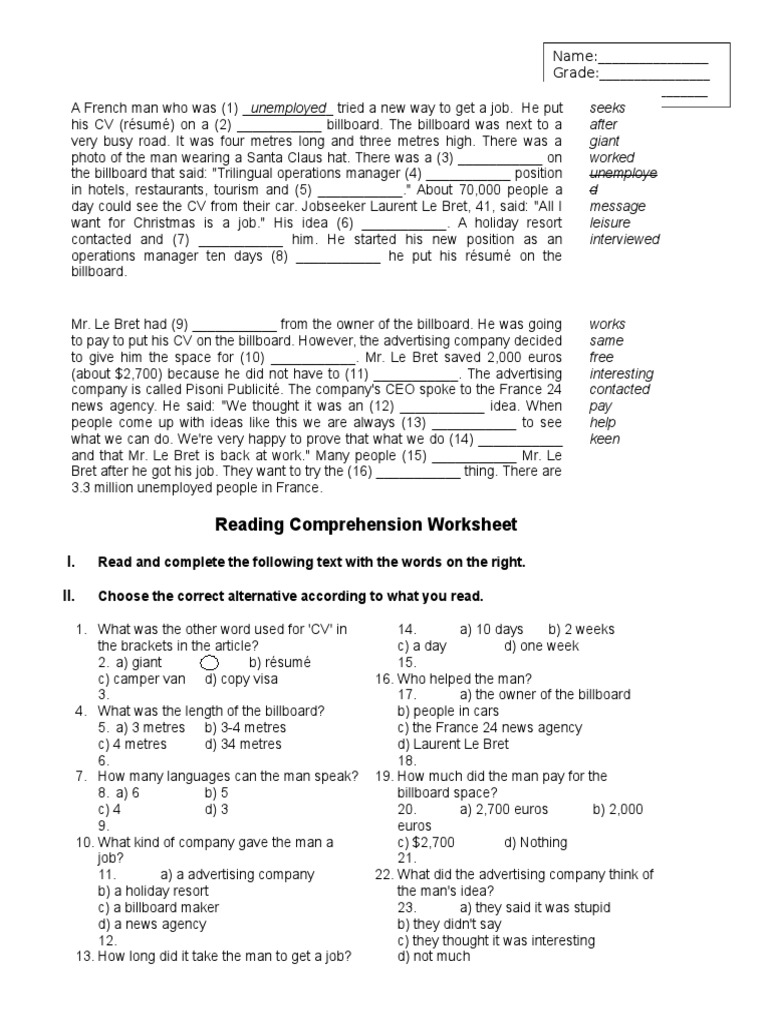 CV Reading Comprehension Worksheet | PDF | Billboard | Christmas