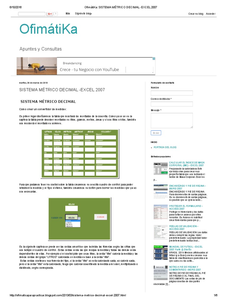 Ofimátika - Sistema Métrico Decimal - Excel 2007 | Descargar gratis PDF | Microsoft Excel | Software