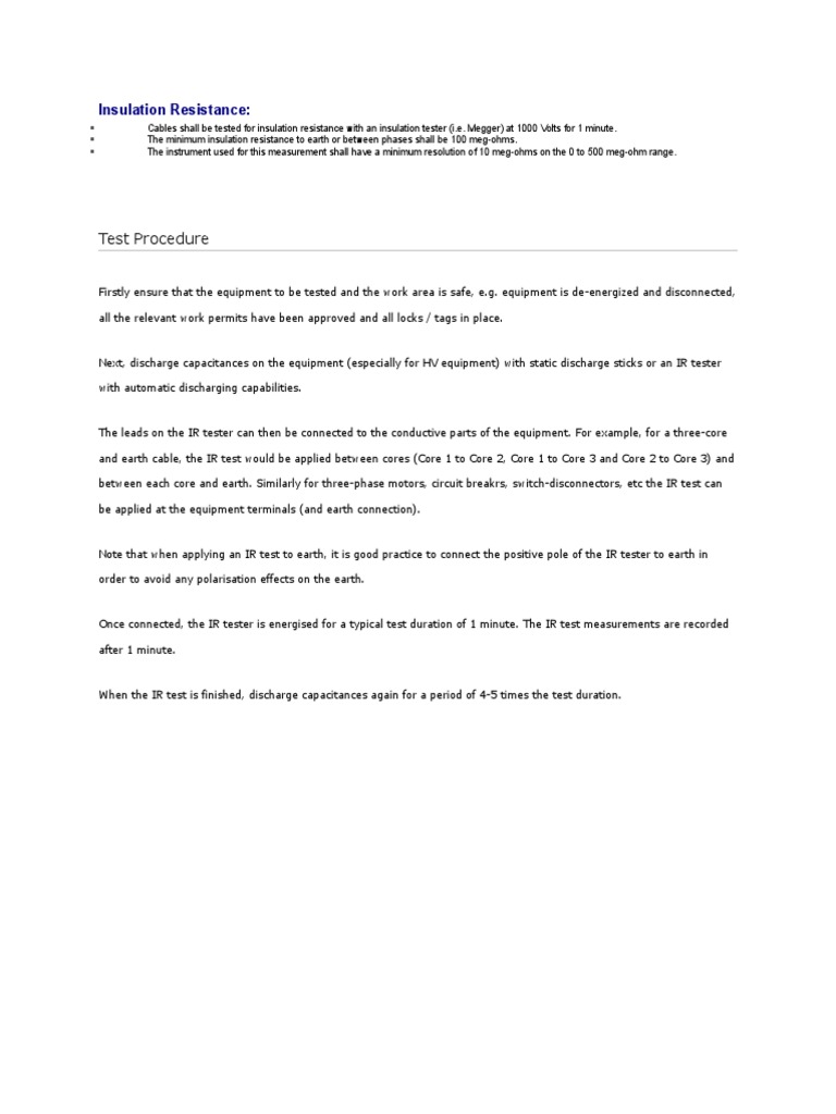Test Procedure Insulation Resistance Pdf