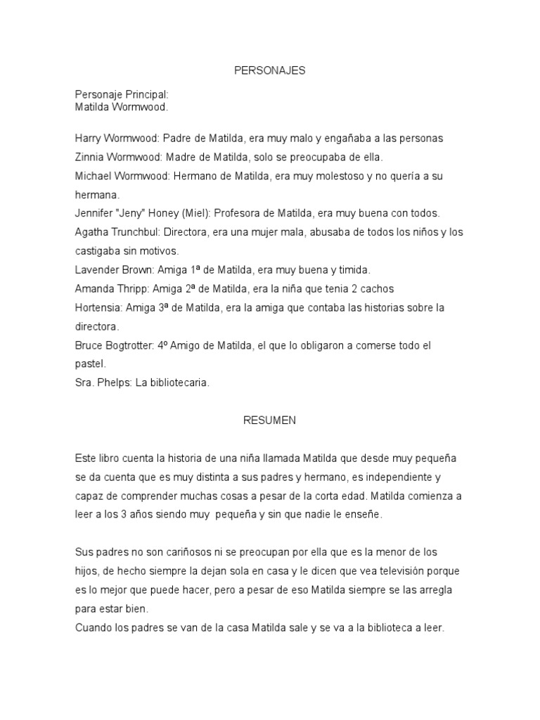 Resumen Matilda | PDF | Ocio