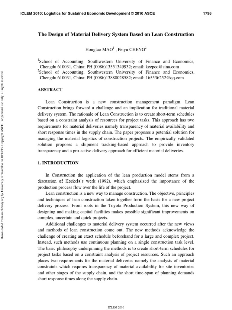 The Design of Material Delivery System Based On Lean Construction | PDF ...