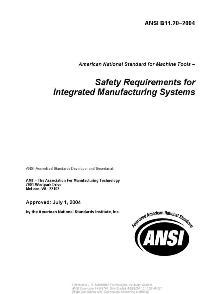 ANSI B11-20 - Safety Requirements For Integrated Manufacturing Systems ...