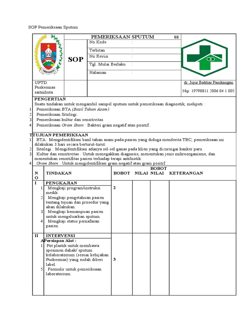 SOP Pemeriksaan Sputum | PDF