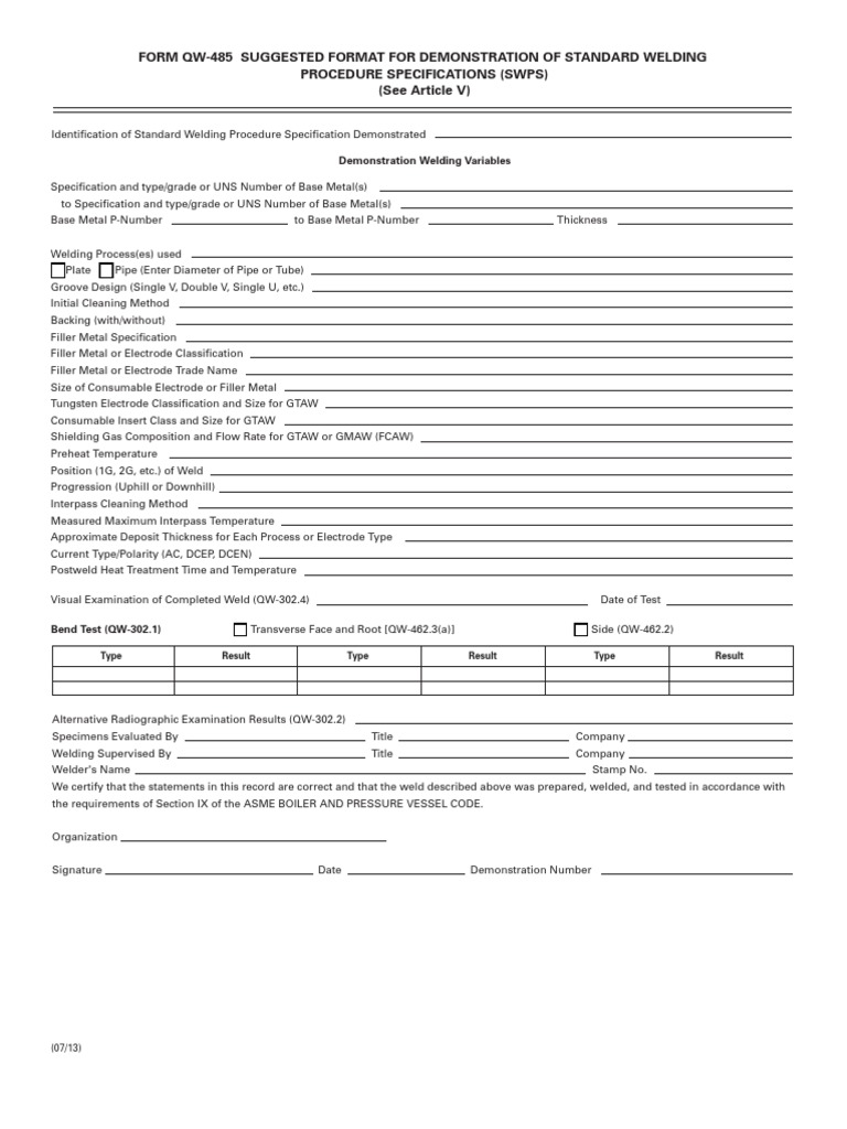 Form Qw-485 Suggested Format For Demonstration of Standard Welding ...