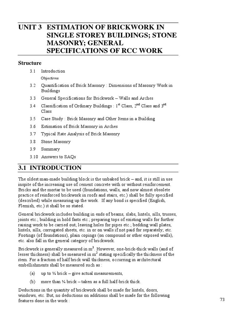 Estimation of Brickwork in Single Storey Buildings Stone Masonry ...