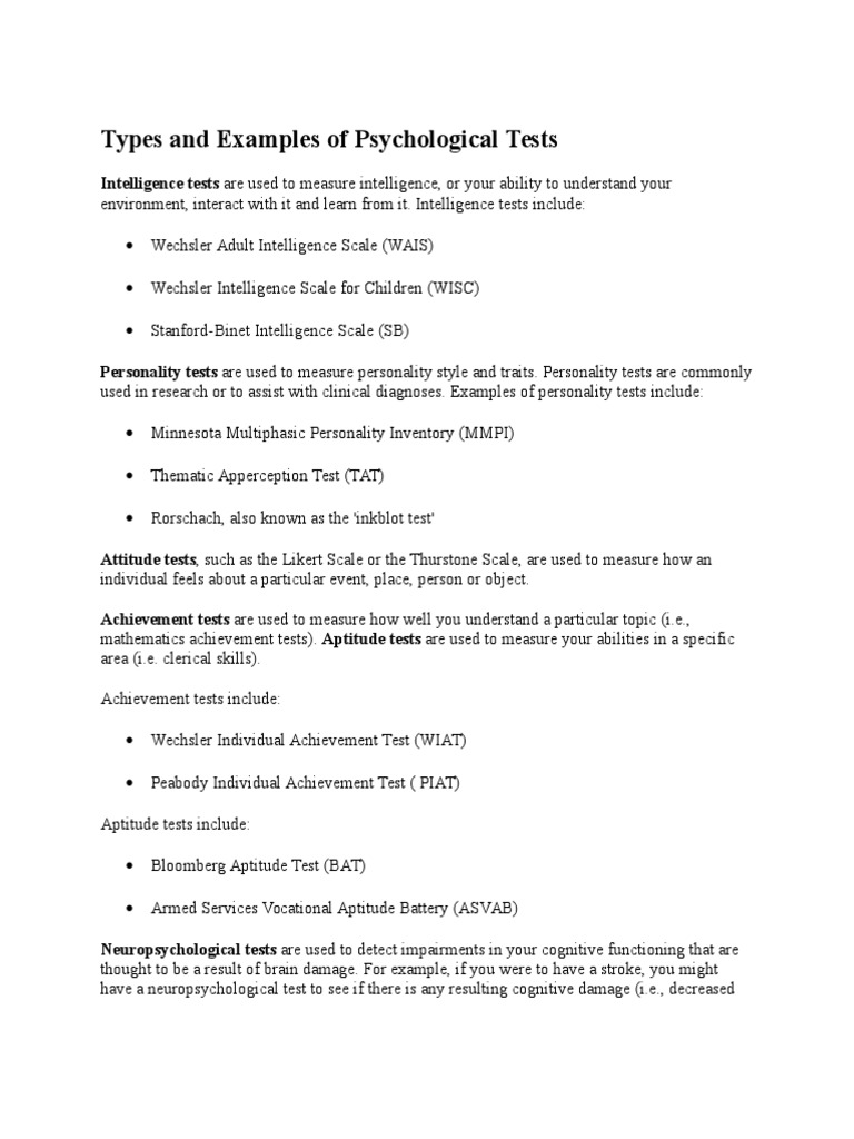 Types of Psychological Tests Explained | PDF