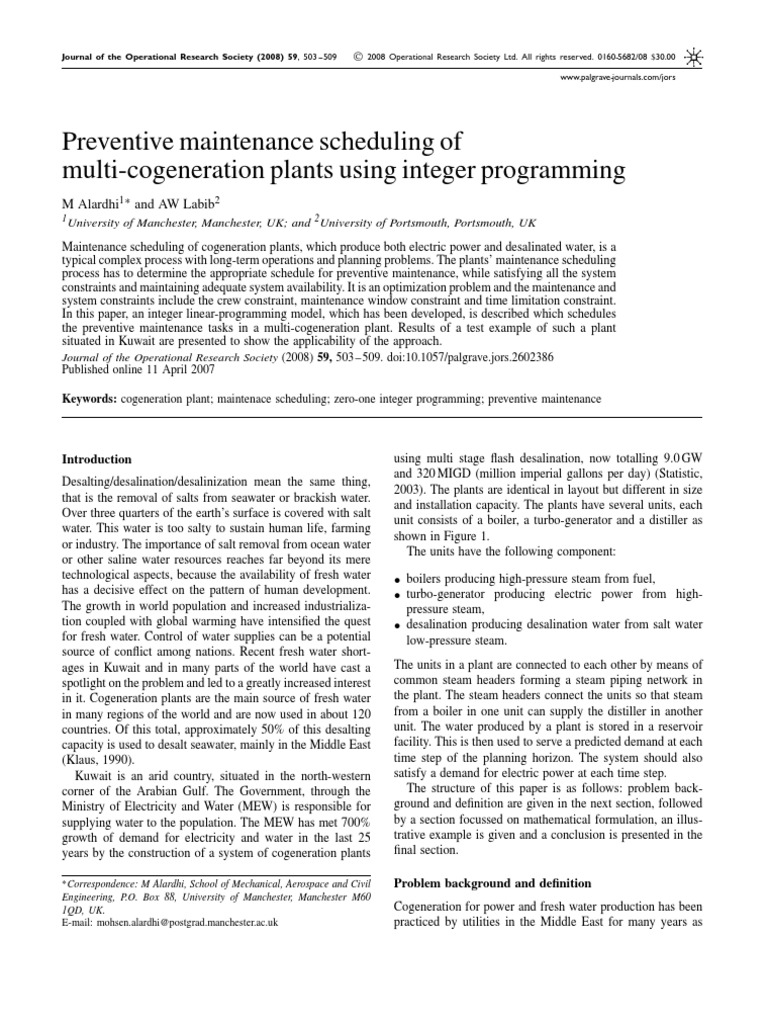 Preventive Maintenance Scheduling Of Multi Cogeneration Plants Using Integer Programming Pdf