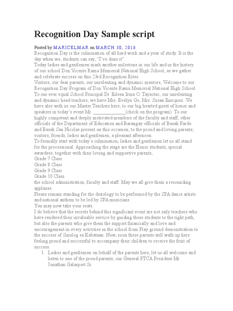 Recognition Day Sample Script | PDF | Schools