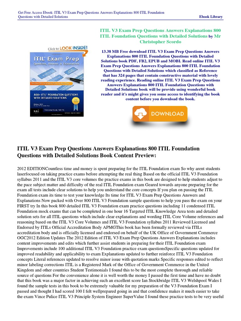 Itil v3 Exam Prep Questions Answers Explanations 800 Itil Foundation ...