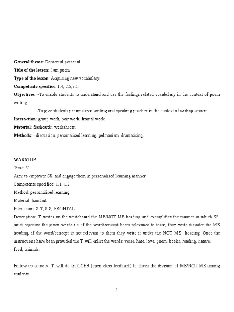 I Am Poem, Lesson Plan | PDF | Flashcard | Lesson Plan