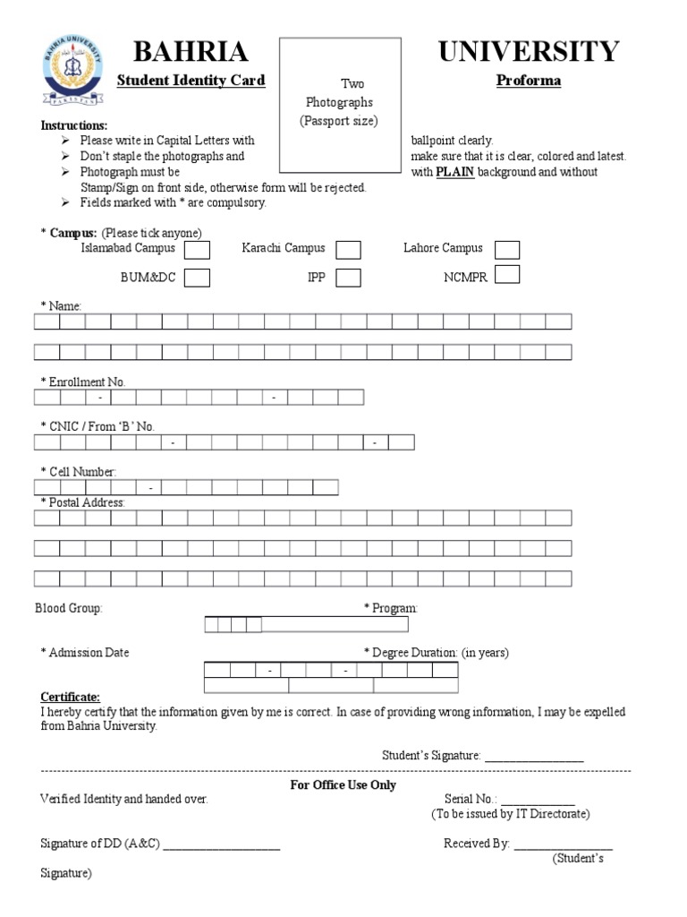 Bahria University: Student Identity Card Proforma | PDF