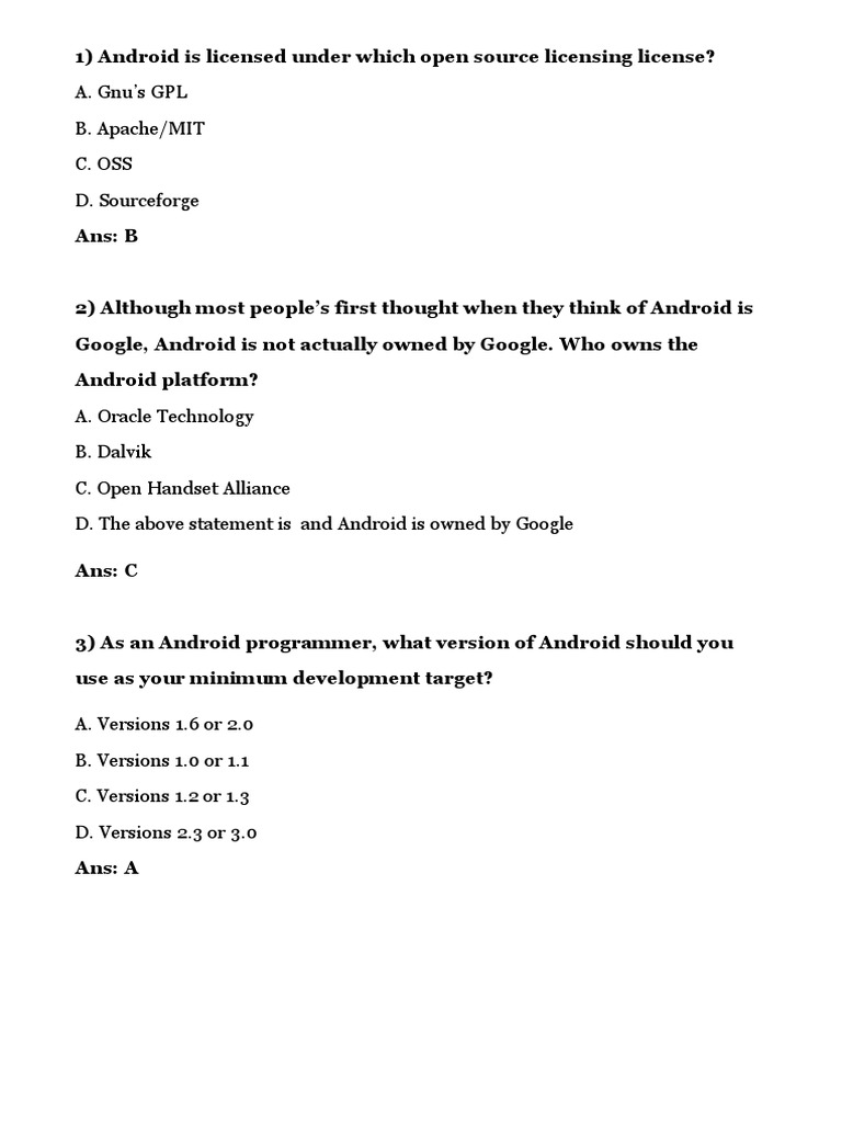 Android Multiple Choice Questions Pdf Android Operating System Java Programming Language 8195