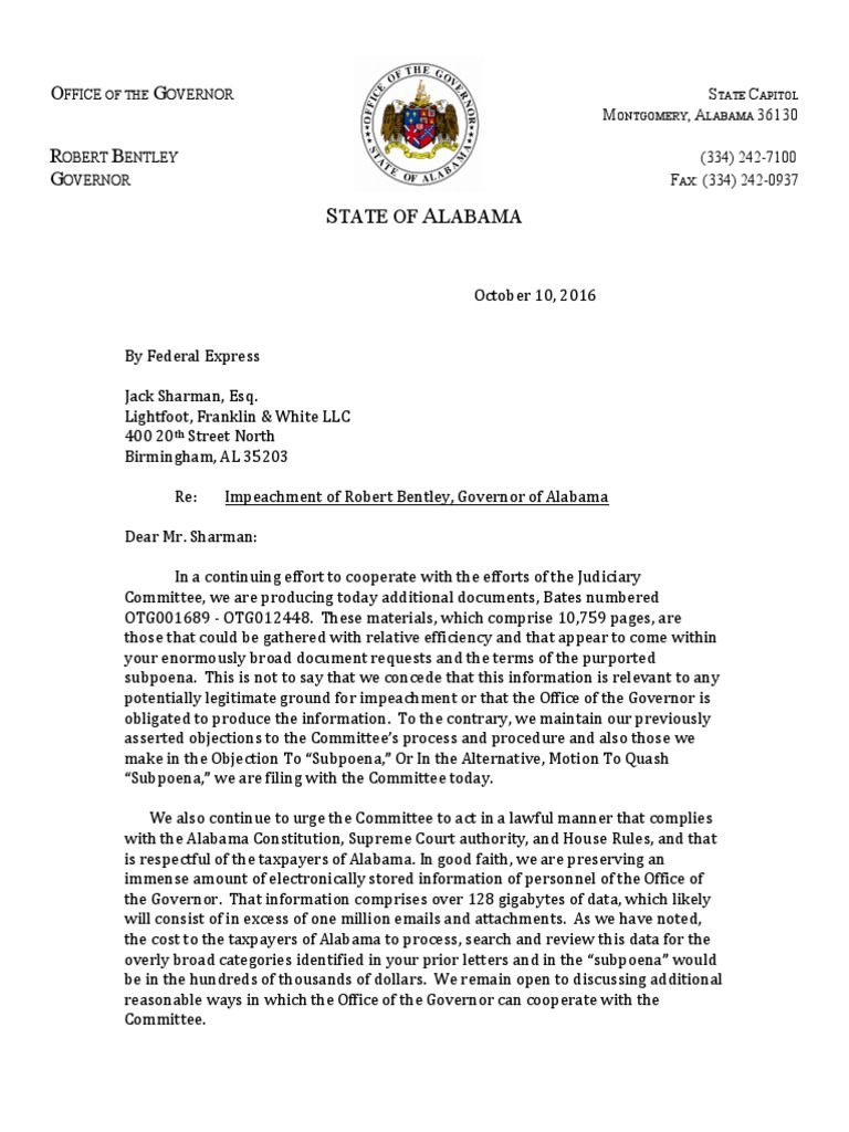 Impeachment Letter From Bentley Attorneys | PDF
