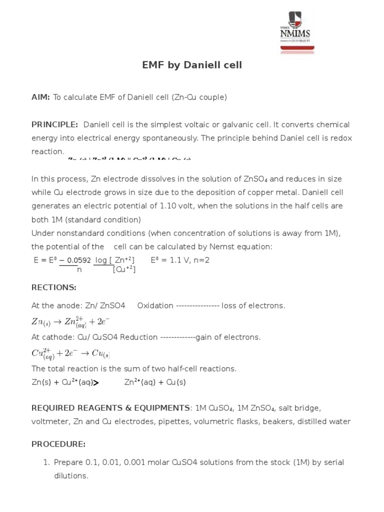 Calculating and Measuring the Electromotive Force of a Daniell Cell ...