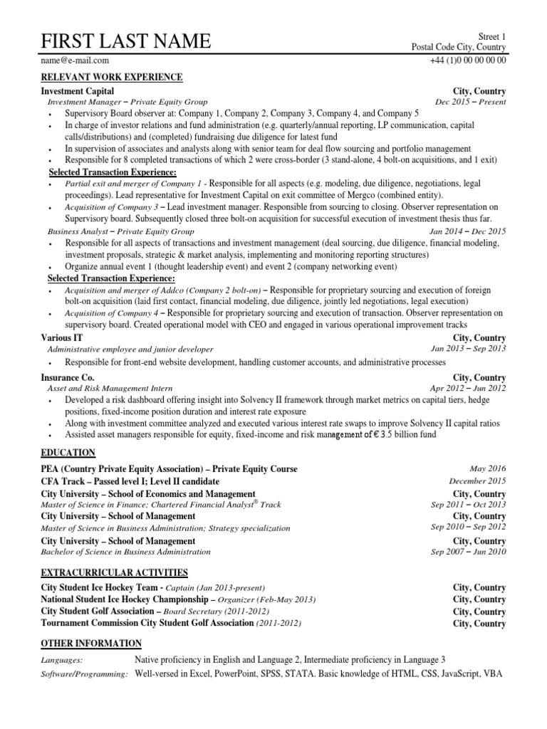 CV Anonymous | PDF | Mergers And Acquisitions | Investment Management