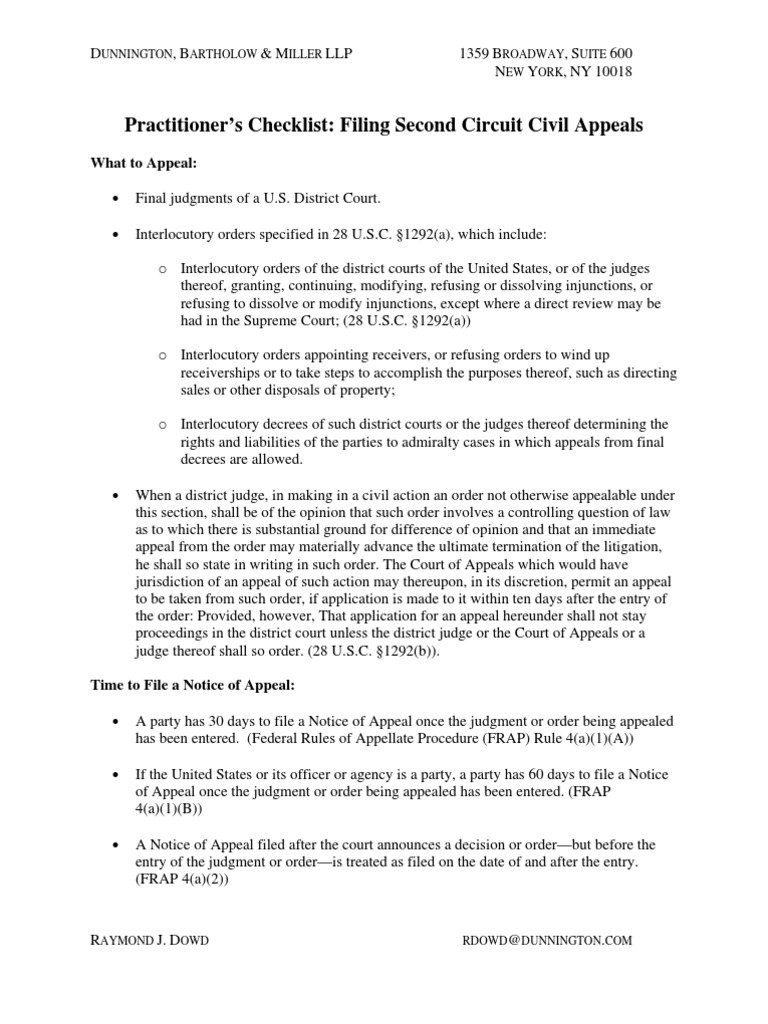 Practitioner's Checklist For Filing Civil Appeals in The Second Circuit ...