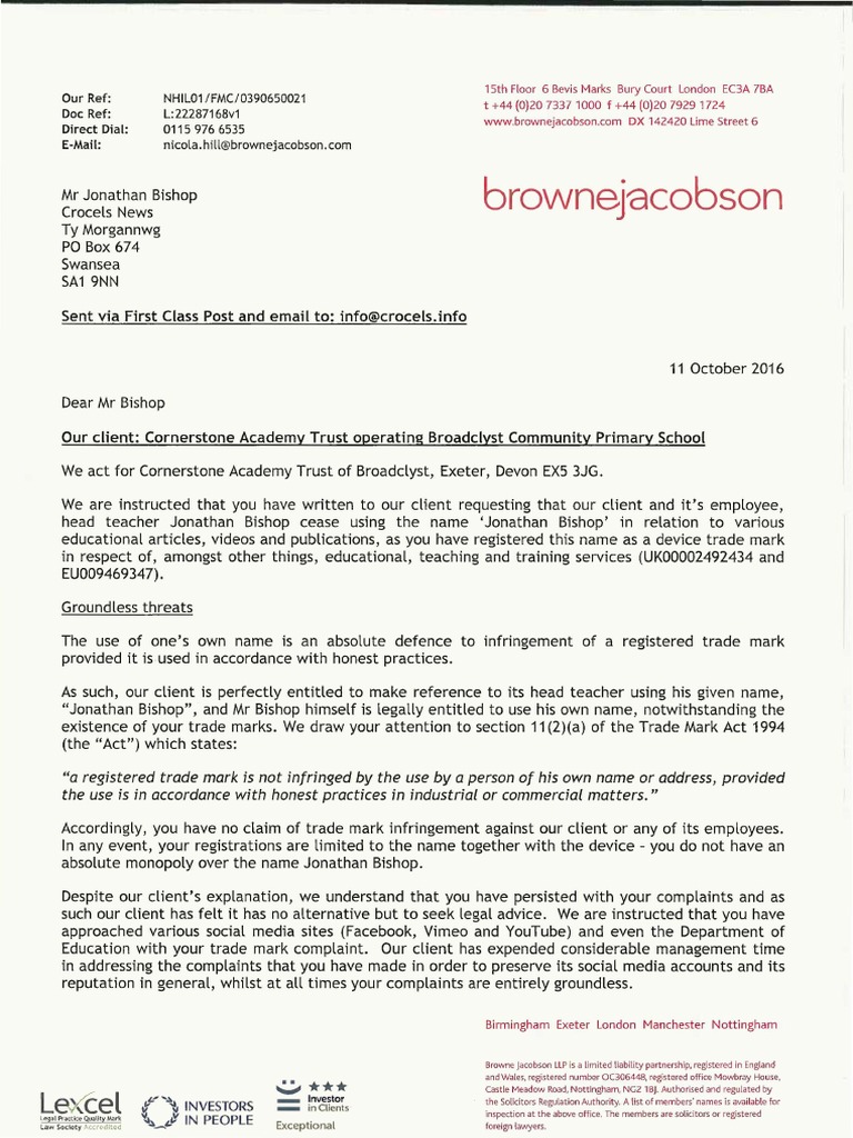 Letter To Crocels News, LLC From Cornerstone Academy Trust On Behalf of ...