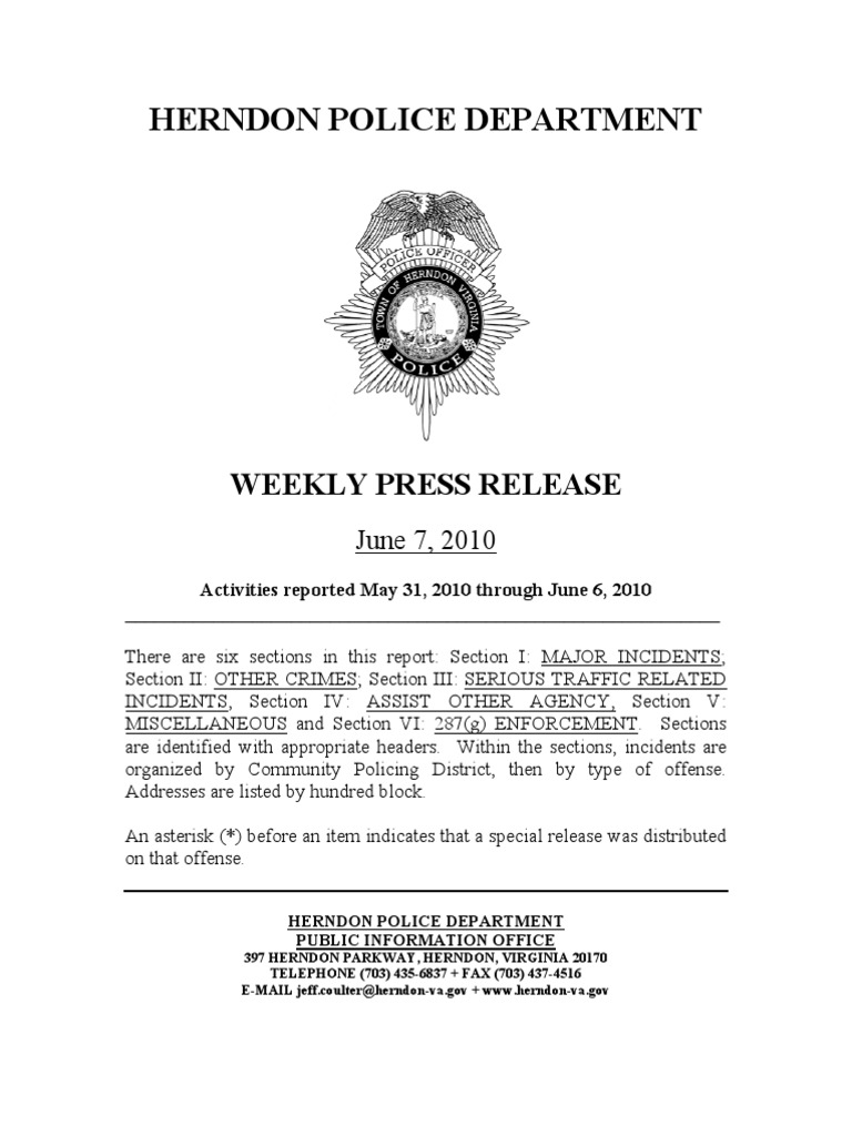 Herndon Police Department: Weekly Press Release | PDF | U.S ...