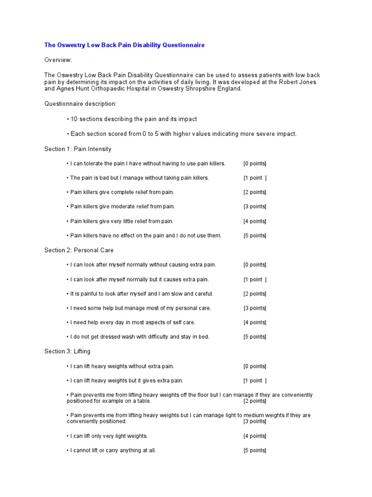 UPITNIK Oswestry Low Back Pain Disability Questionnaire (In Dutch) PDF ...