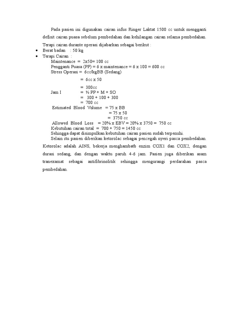 Pada Pasien Ini Digunakan Cairan Infus Ringer Laktat 1500 CC Untuk ...
