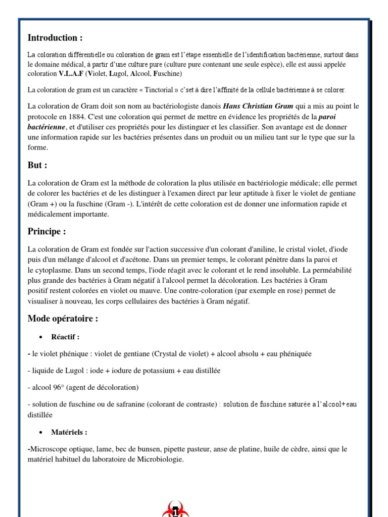 Protocole de Coloration de Gram | PDF | Biotechnologie | Pathologie ...