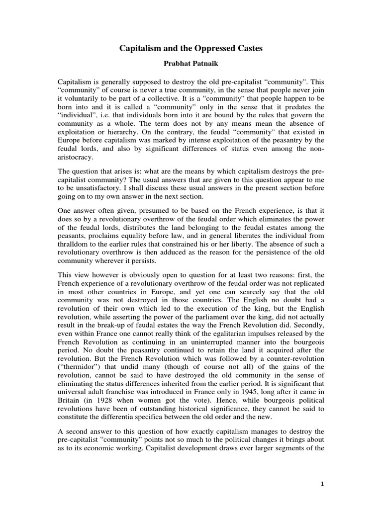 Capitalism and The Oppressed Castes: Prabhat Patnaik | PDF | Capitalism ...