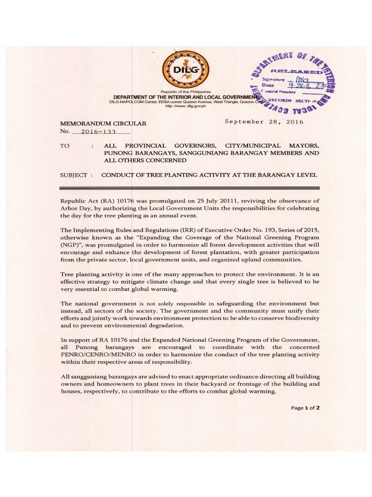 DILG MC 2016-133 National Tree Planting Activity at Brgy Level 09-28 ...