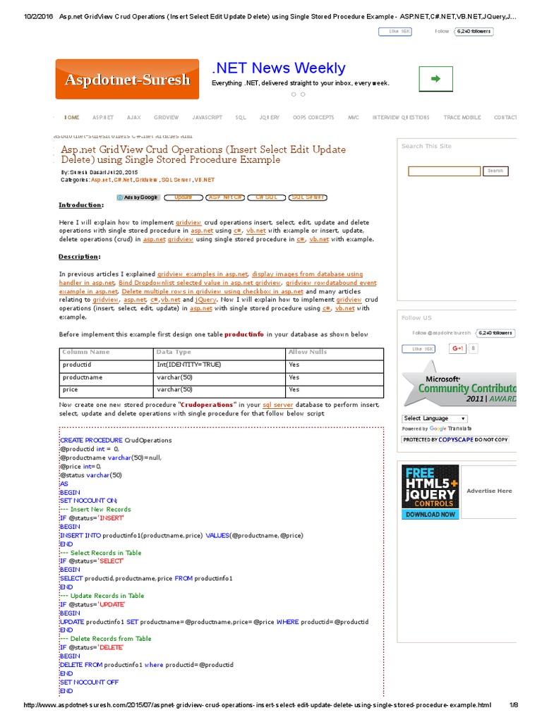 GridView Crud Operations (Insert Select Edit Update Delete) Using Single Stored Procedure ...