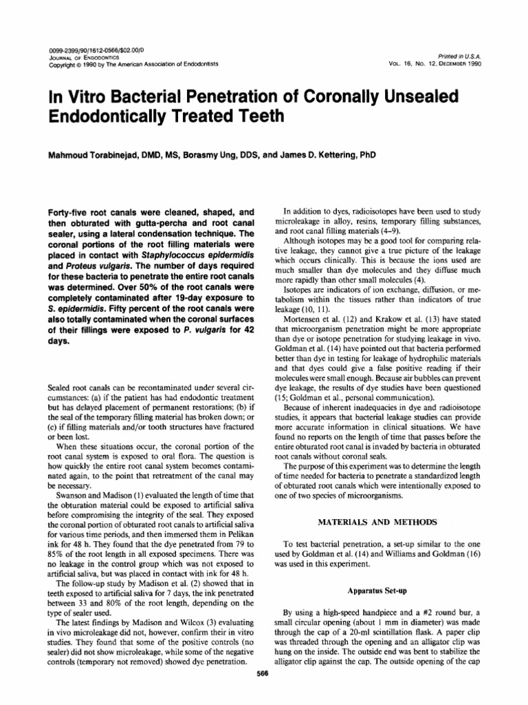 In Vitro Bacterial Penetration of Coronally Unsealed | PDF | Mouth | Nature
