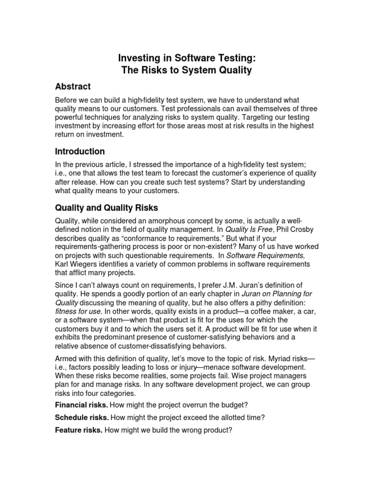 Investing in Software Testing: The Risks To System Quality | PDF ...