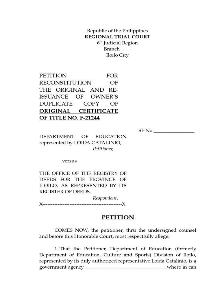 Petition for Re-issuance of Title | Deed | Civil Law (Common Law)