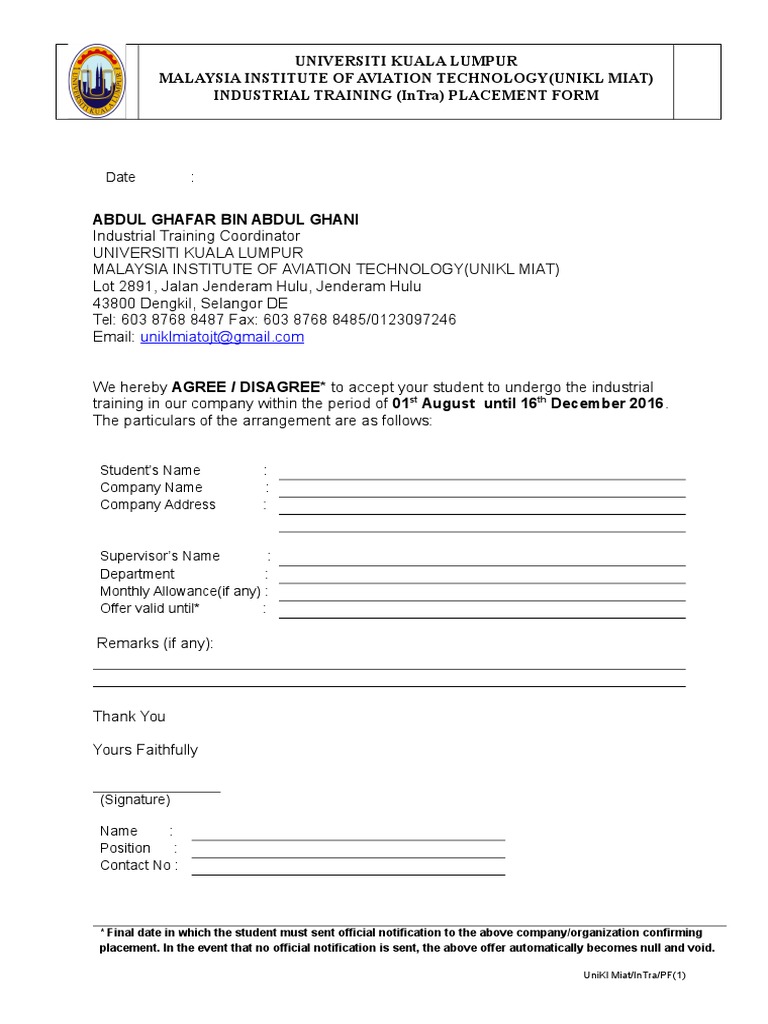 UNIKL MIAT Industrial Training Form | PDF