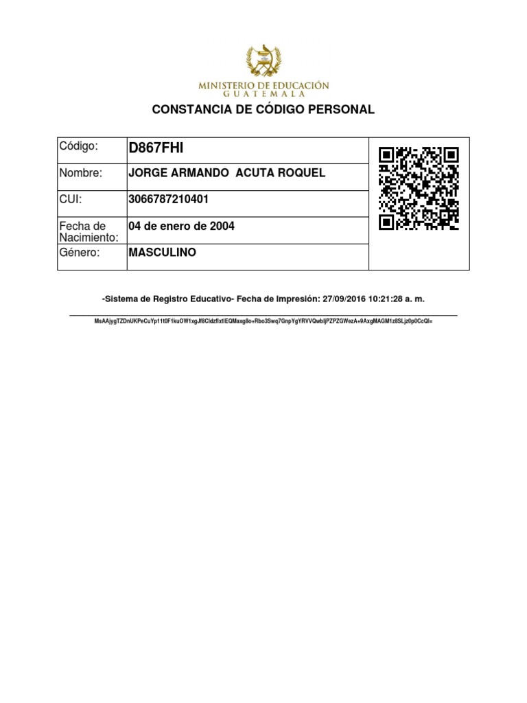 D867FHI: Constancia De Código Personal