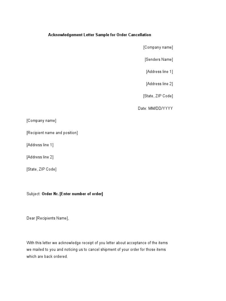 Acknowledgement Letter Sample For Order Cancellation | PDF