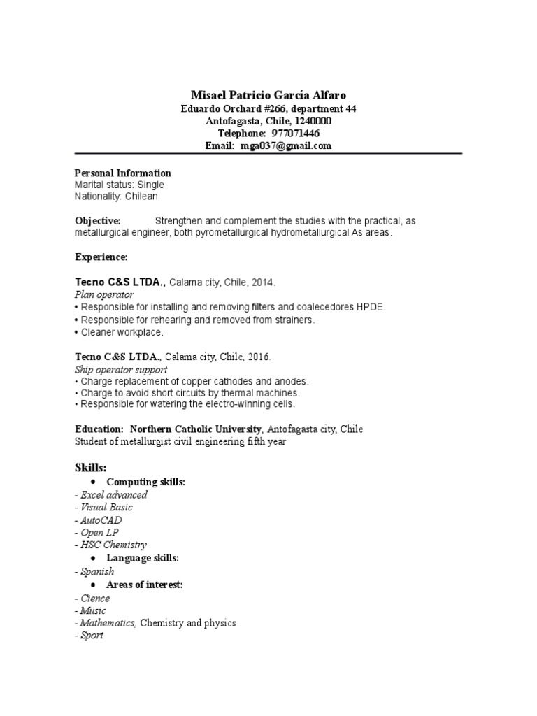 Metallurgical Engineer Resume - Misael García | PDF