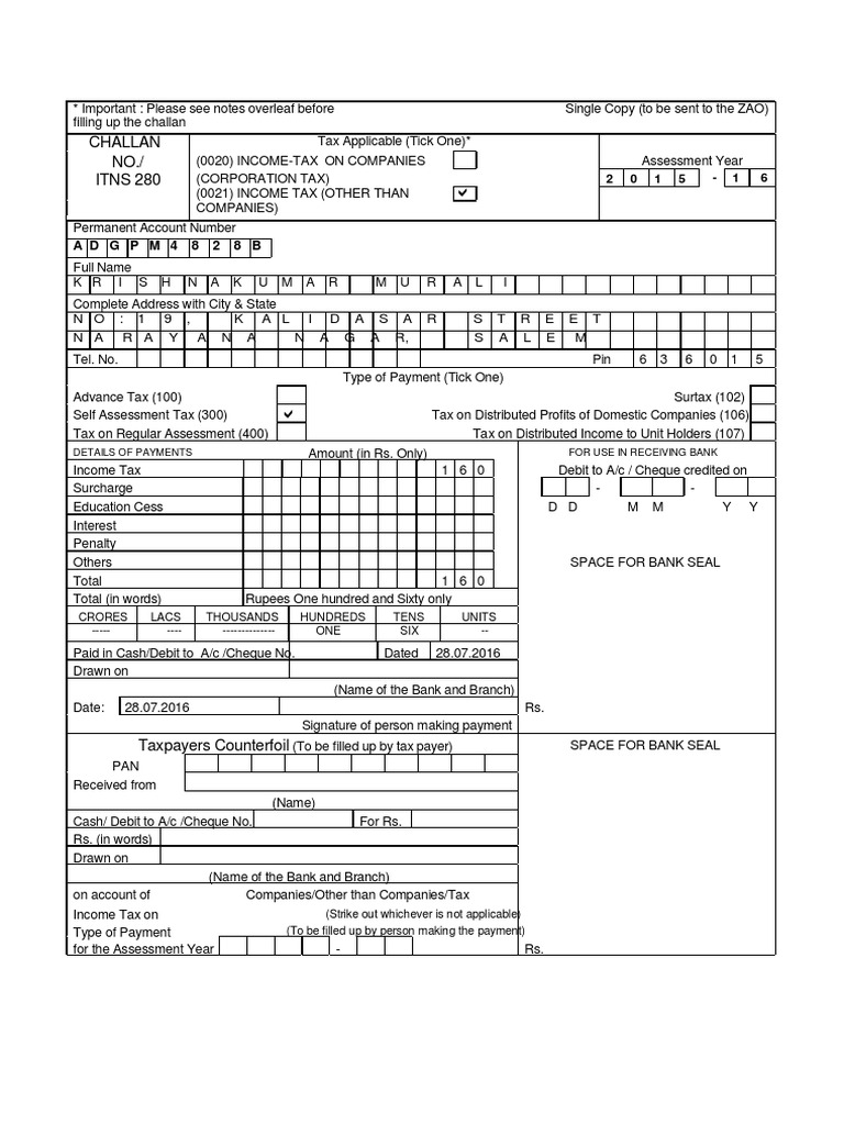 Challan No Itns 280 | PDF