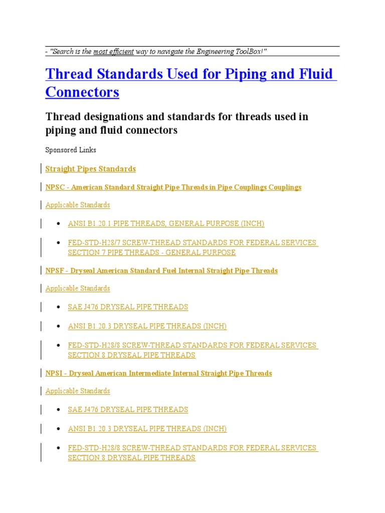Thread Standards Used For Piping and Fluid Connectors | PDF | Screw ...