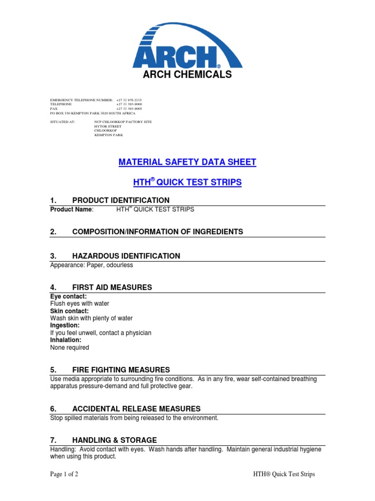 Arch Chemicals: Material Safety Data Sheet HTH Quick Test Strips | PDF